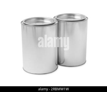 Two cans of paints on white background Stock Photo - Alamy