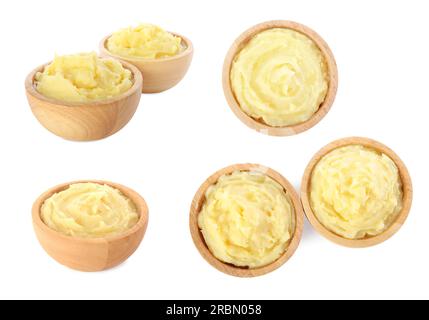 Collage with mashed potato in bowls on white background, top and side ...