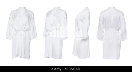 Collage with clean silk bathrobe on white background, different views ...