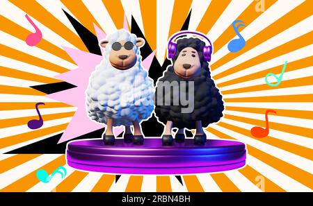 Two cool DJ sheep friends rhythmically dance playing music 3d rendering ...