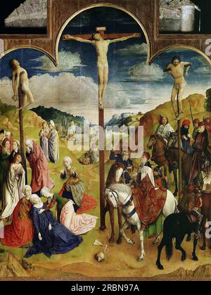 The central panel of the 'Calvary Triptych' by Justus van Gent depicts the crucifixion of Christ ...