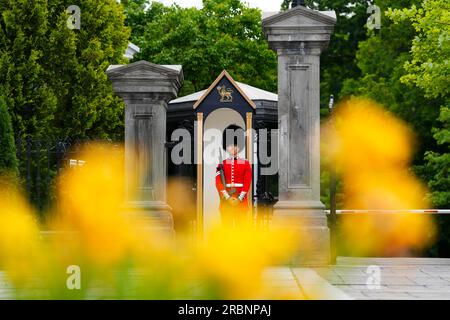 A sentry from the Canadian Ceremonial Guard stands in front of Rideau Hall, residence of the ...
