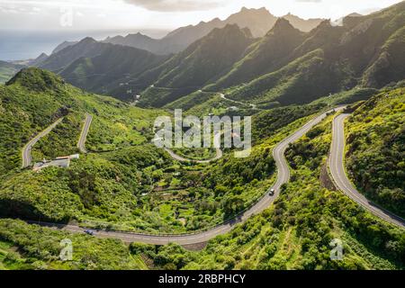 Lush green volcanic mountains and winding road in Gran Canaria, Canary ...