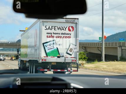 Safeway supermarket chain delivery truck driving north on Interstate 5 ...