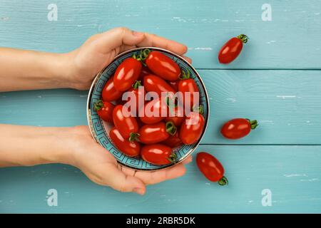 Hands hold a ripe red tomato in a garden setting. The background shows ...