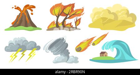 Storm, dust cloud and volcano eruption accidents 2D cartoon objects set ...