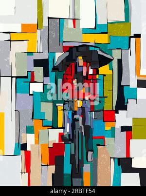 Man with an umbrella riding a bicycle in a rainy day illustration ...