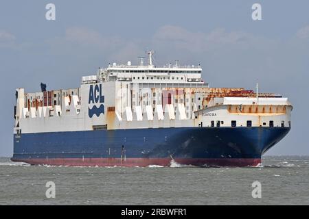 ACL / Grimaldi's ATLANTIC SEA passing Cuxhaven bound for Hamburg Stock ...