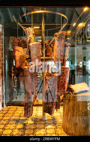 Raw beef steak dry aging on wooden cutting board. Copy space Stock ...