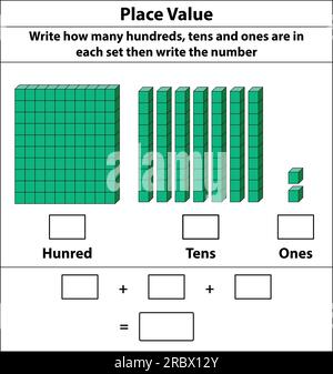 Place Value hundreds tens and ones. 10 blocks. and single blocks. Vector illustration isolated ...