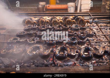 Eels on the spit, typical Sardinia recipe, Campidano, Sardinia, Italy ...