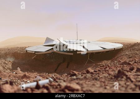 A crashed alien spacecraft and scattered debris on the surface of Mars ...