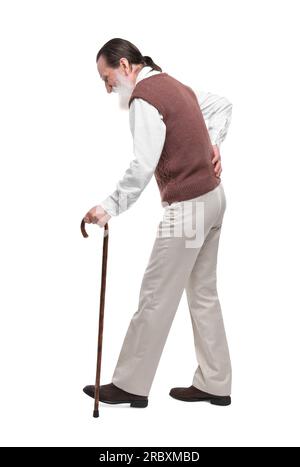 Stooped senior man with walking cane on white background Stock Photo ...