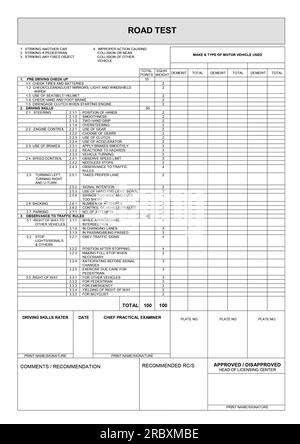 Road test score sheet with empty fields Stock Photo - Alamy