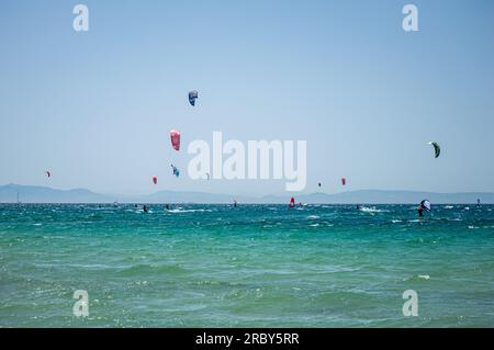 TARIFA, SPAIN - JUNE 17, 2023: Kitesurfing on Valdevaqueros beach ...