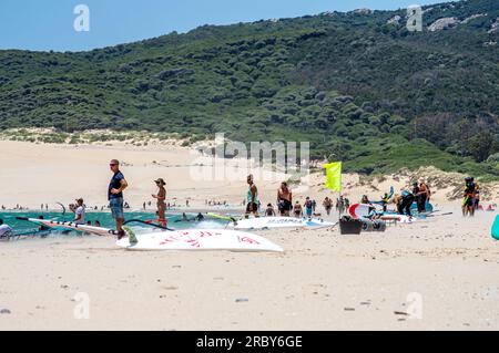 TARIFA, SPAIN - JUNE 17, 2023: Kitesurfing on Valdevaqueros beach ...