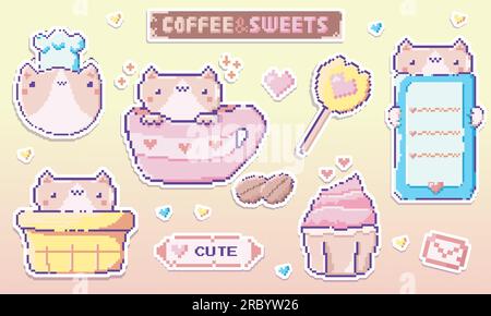 Y2k pixel art stickers in 8bit retro style. Pixelated acid smile face ...