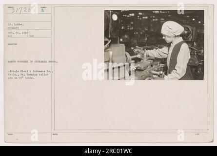 Workers at the Midvale Steel & Ordnance Co. are seen checking 14-inch ...