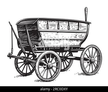Garden wooden cart sketch. Old empty farm wheelbarrow. Agriculture ...