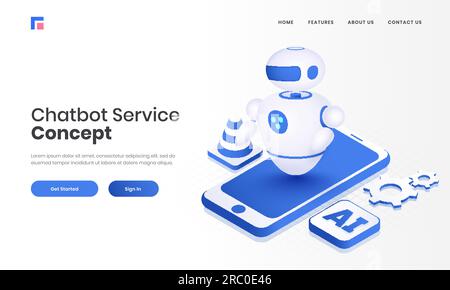 Chatbot landing page. Ai robot chatting with woman and man. Artificial intelligence presentation ...