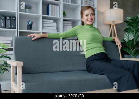 housewife relaxing feels satisfied accomplish chores housework concept ...