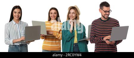 Set of people with modern laptops on white background Stock Photo - Alamy