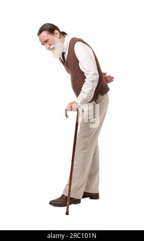 Stooped senior man with walking cane on white background Stock Photo ...