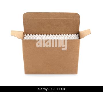 Cardboard box with cotton buds isolated on white, above view Stock ...