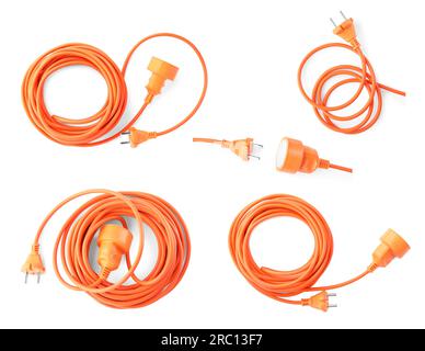 Collage with orange extension cord on white background, different sides ...