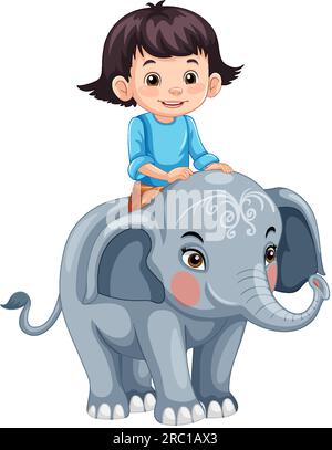 Little Girl Riding Elephant in Cartoon Style illustration Stock Vector ...