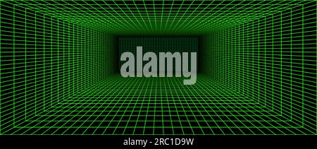 Neon green wireframe grid room. 3d perspective angle background ...