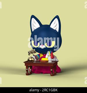 3d character, fortune-telling cat with bell Stock Photo - Alamy
