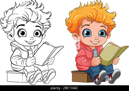 Cute Boy Reading Book Outline for Colouring illustration Stock Vector ...
