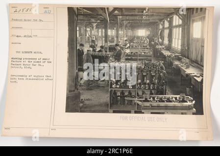 The image depicts the assembly line of Liberty engines at the Packard ...