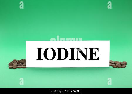 Card with word Iodine and pills on light blue background, flat lay ...
