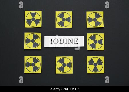 Paper note with word Iodine and radiation signs on black background ...