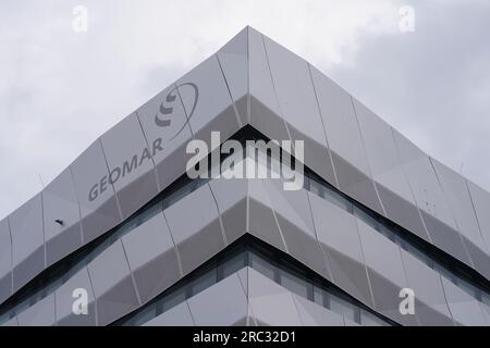 Kiel, Germany. 12th July, 2023. A large Geomar logo can be seen on the ...