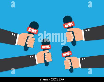 Paparazzi icon. Hands holding microphones. Press take interview. Live news concept. Mass media ...