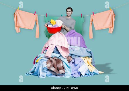 Creative magazine poster collage of housekeeper man hold basin clothes ...
