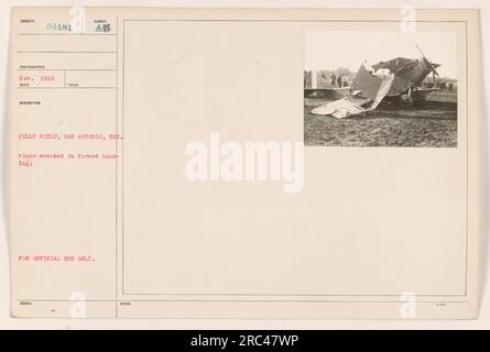 A wrecked plane at Kelly Field in San Antonio, Texas after a forced ...