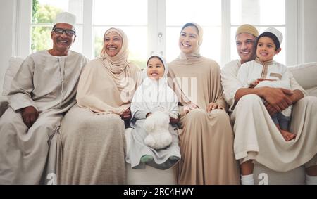 Big family, portrait and muslim women, men and children together for ...