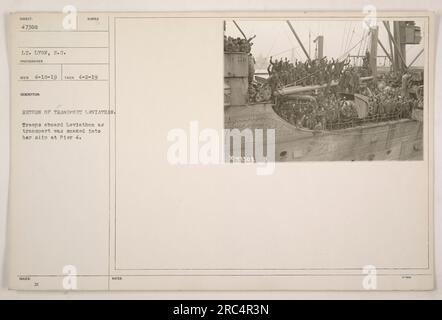 Troops returning aboard the transport ship Leviathan as it docks at ...