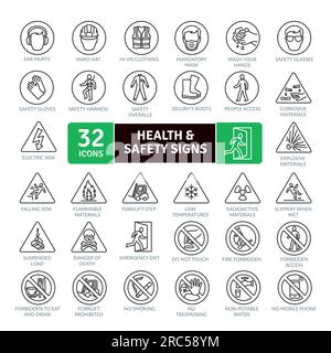 Health And Safety Signs icons Pack. Collection of thin line signal icon ...