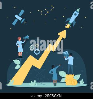 Cartoon tiny people launch fast rocket chart arrow growth, entrepreneur ...