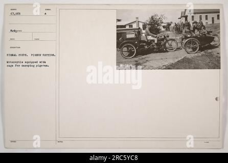 Signal Corps, Pigeon Section. Motorcycle equipped with cage for ...