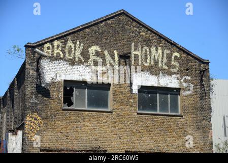 Broken Homes sign on a derelict building in Hackney Wick, London Stock ...