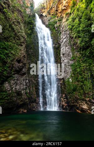 Landscape of big beautiful cerrado waterfall in the nature, Chapada dos ...