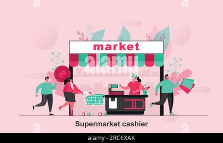 Cashier Behind Cashier Counter Flat Design Concept, Cashierman in the ...