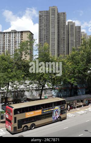 Horizontal view of Kowloon Motor Bus with solar panels on the roof ...