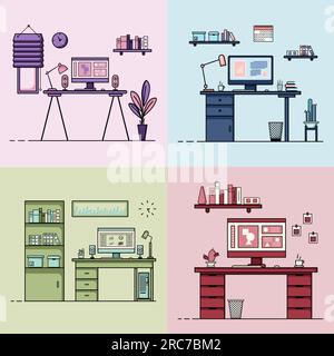 Working table flat design, Concept of working desk interior with ...